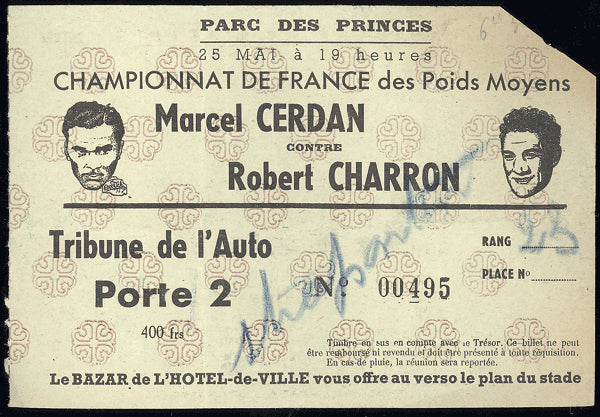 CERDAN, MARCEL-ROBERT CHARRON ON SITE TICKET (1946) – JO Sports Inc.