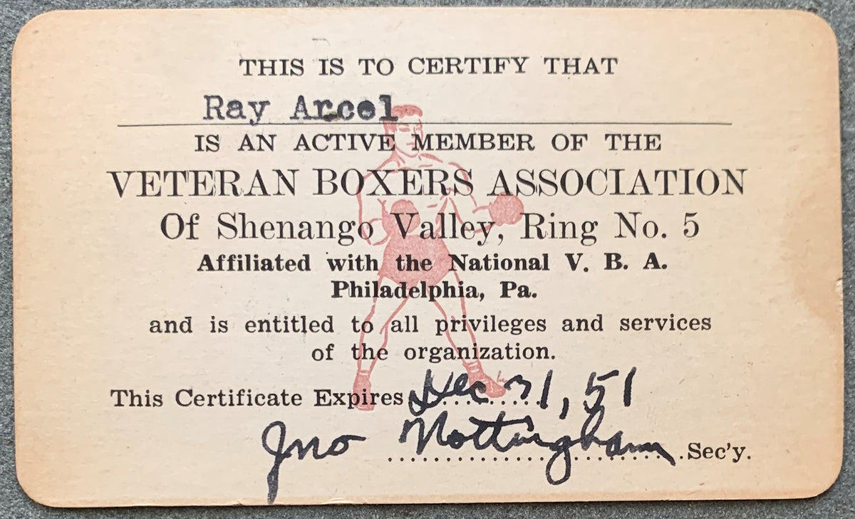 ARCEL, RAY VETERAN BOXERS ASSOCIATION MEMBERSHIP CARD (1951) – JO ...