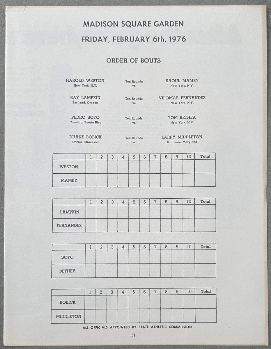 BOBICK, DUANE-LARRY MIDDLETON OFFICIAL PROGRAM (1976) – JO Sports Inc.