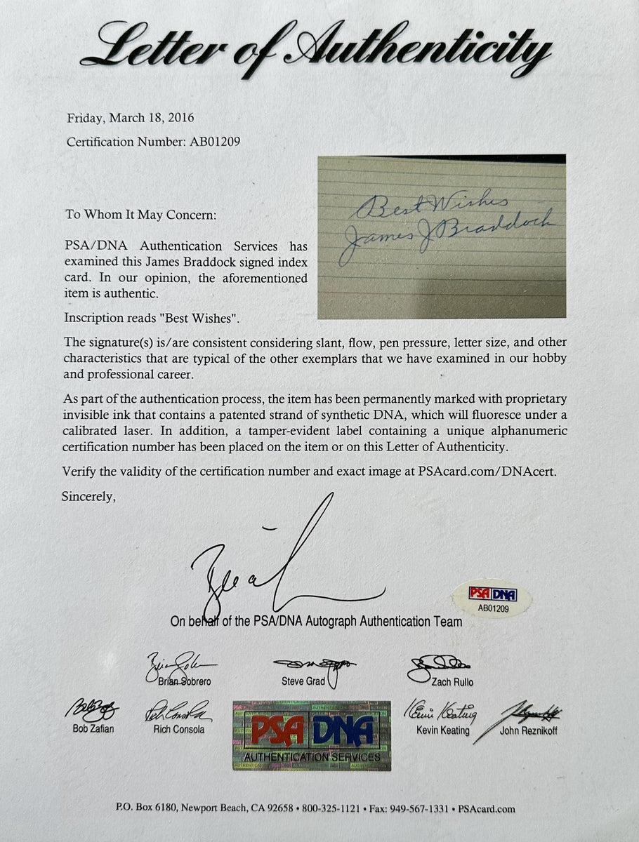 BRADDOCK, JIMMY SIGNED INDEX CARD (PSA/DNA) – JO Sports Inc.