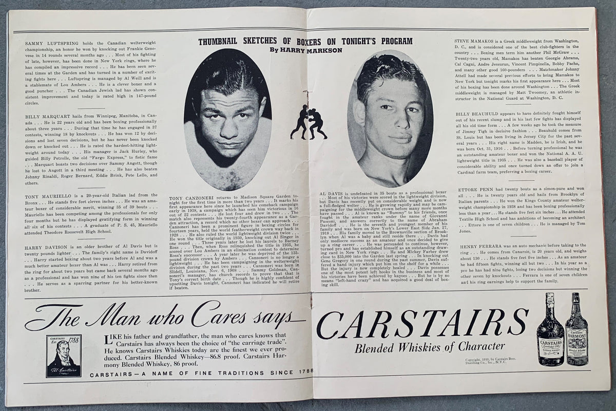 CANZONERI, TONY-AL "BUMMY" DAVIS OFFICIAL PROGRAM (1939) – JO Sports Inc.