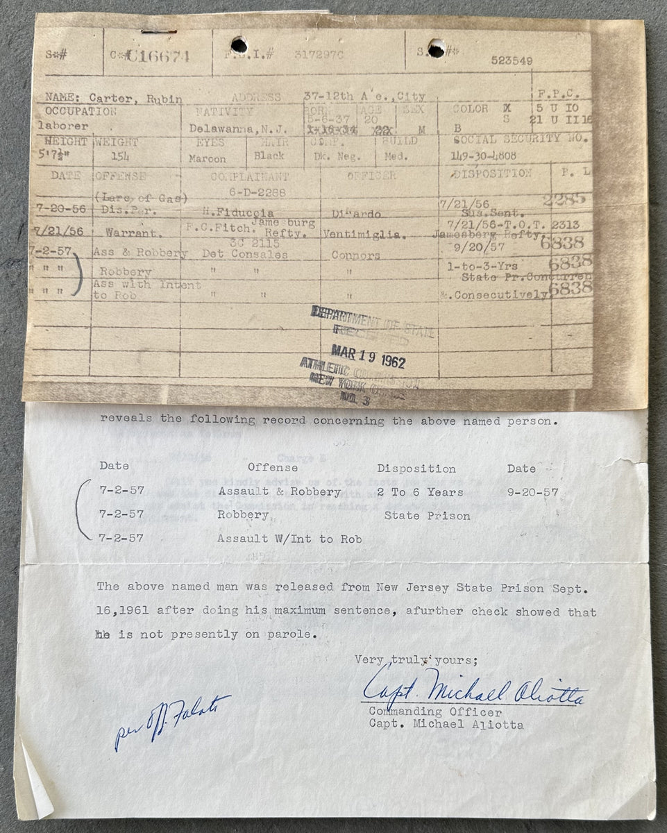 CARTER, RUBIN "HURRICANE" POLICE INQUIRY & POLICE RECORD (1962) – JO ...