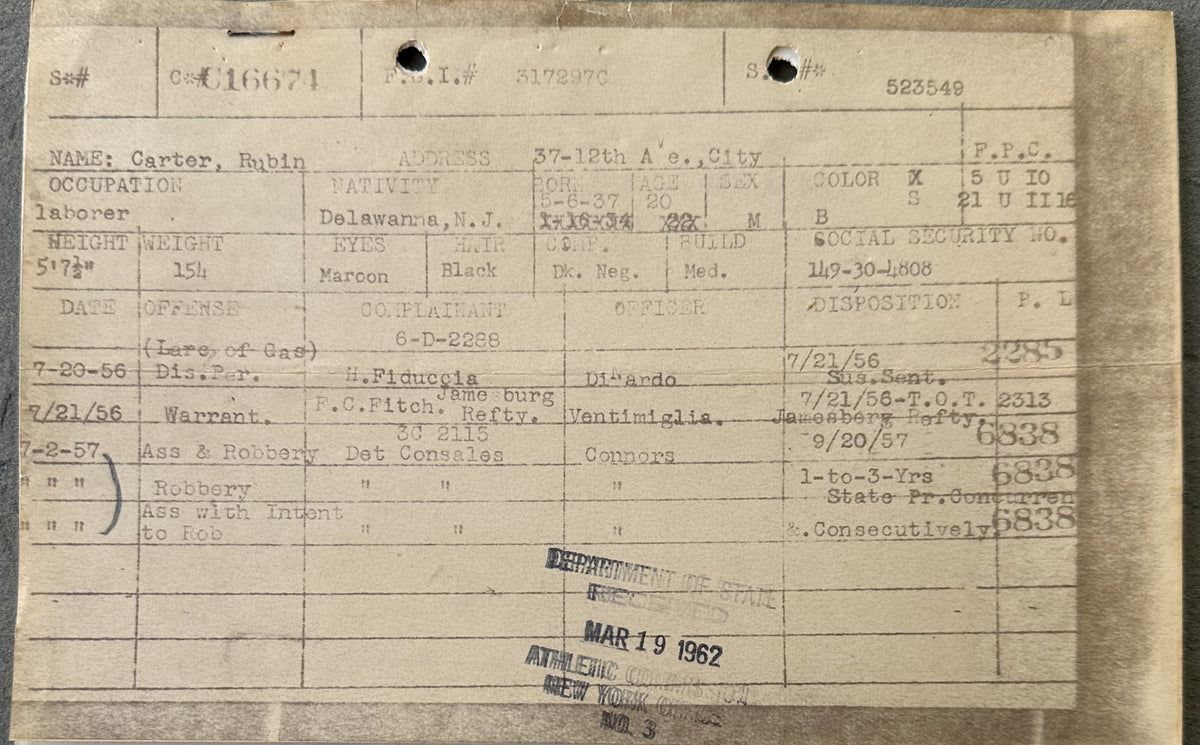CARTER, RUBIN "HURRICANE" POLICE INQUIRY & POLICE RECORD (1962) – JO ...