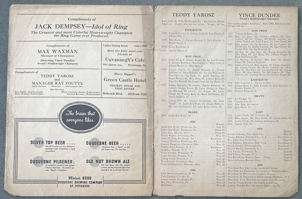 DUNDEE, VINCE-TEDDY YAROSZ OFFICIAL PROGRAM (1934-YAROSZ WINS TITLE ...
