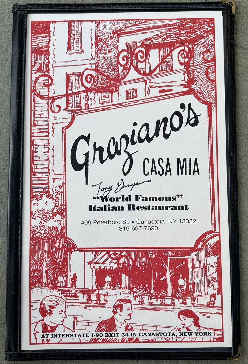 GRAZIANO'S CASA MIA RESTAURANT ORIGINAL SIGNED MENU (SIGNED BY OWNER T ...