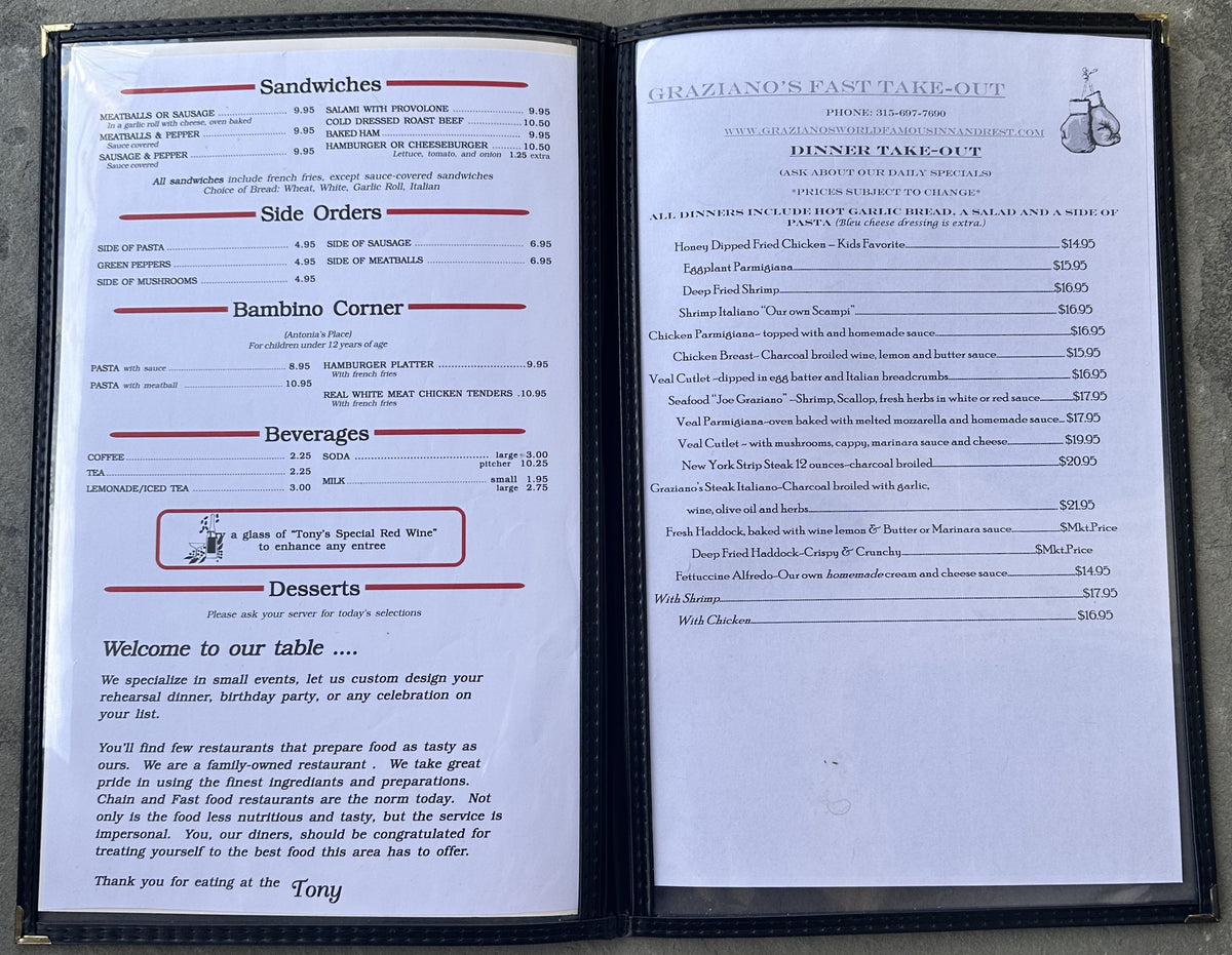 GRAZIANO'S CASA MIA RESTAURANT ORIGINAL SIGNED MENU (SIGNED BY OWNER T ...