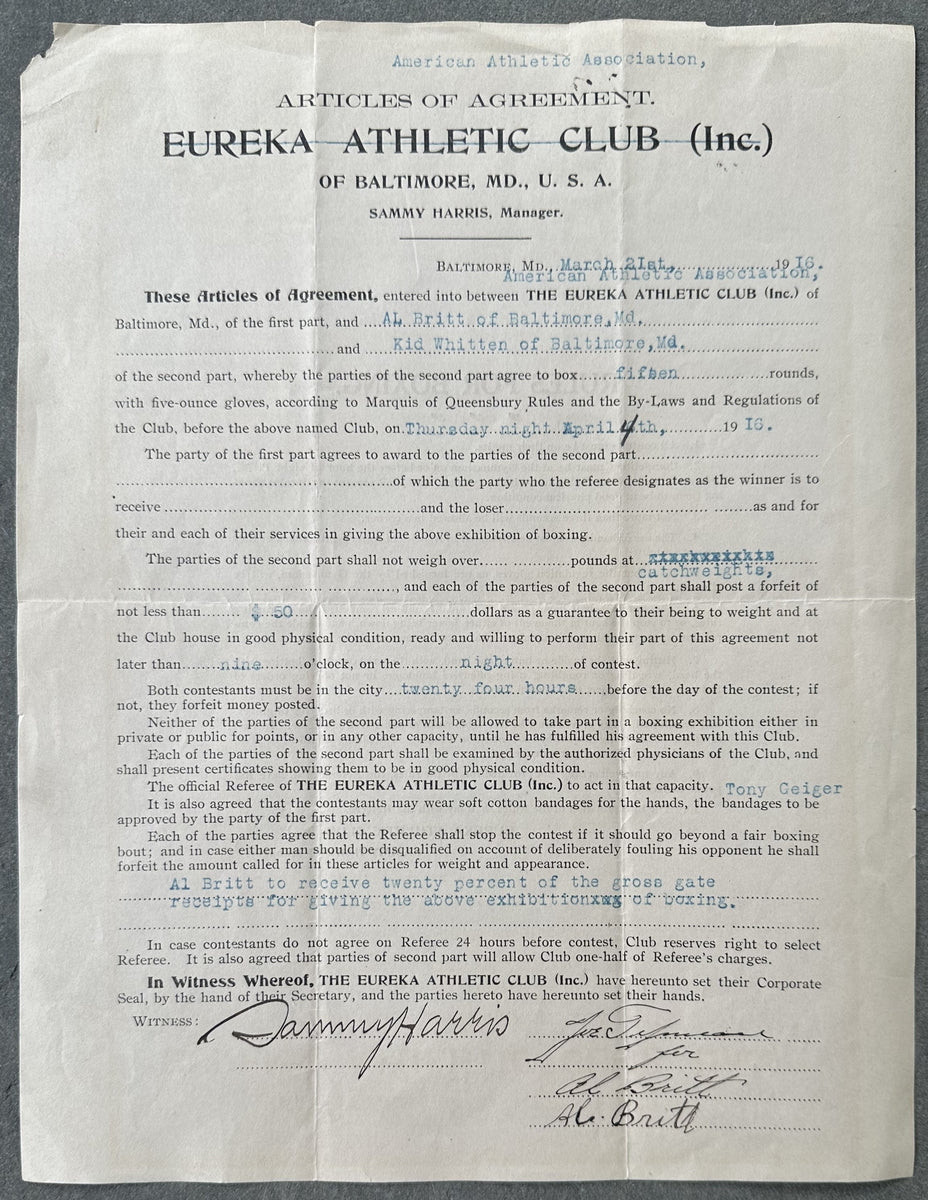 TIPMAN, JOE SIGNED FIGHT CONTRACT (1916-AL BRITT-KID WHITTEN FIGHT ...