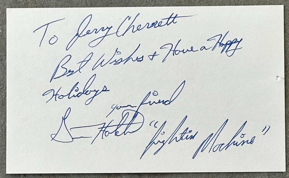 HATCHER, GENE SIGNED & INSCRIBED INDEX CARD – JO Sports Inc.