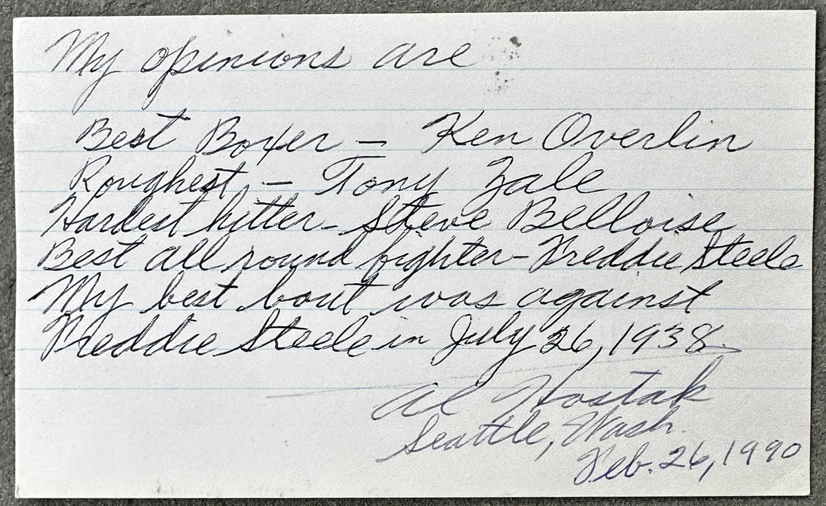 HOSTAK, AL SIGNED INDEX CARD WITH OPINIONS ON FIGHTERS – JO Sports Inc.