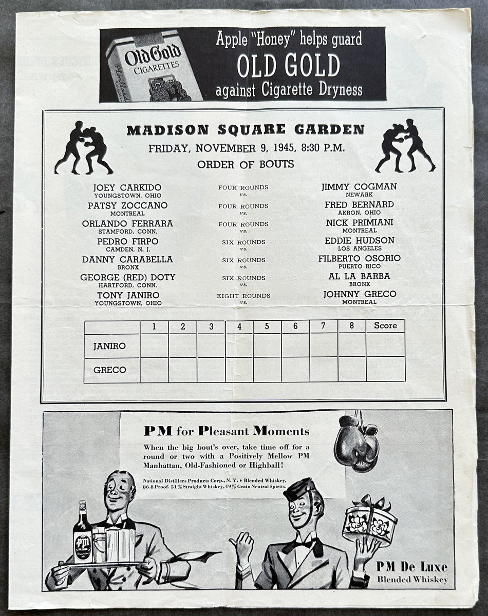 JANIRO, TONY-JOHNNY GRECO OFFICIAL PROGRAM (1945) – JO Sports Inc.