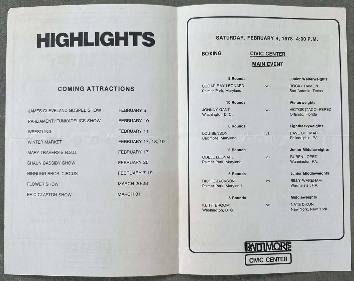 LEONARD, SUGAR RAY-ROCKY RAMON OFFICIAL PROGRAM (1978) – JO Sports Inc.