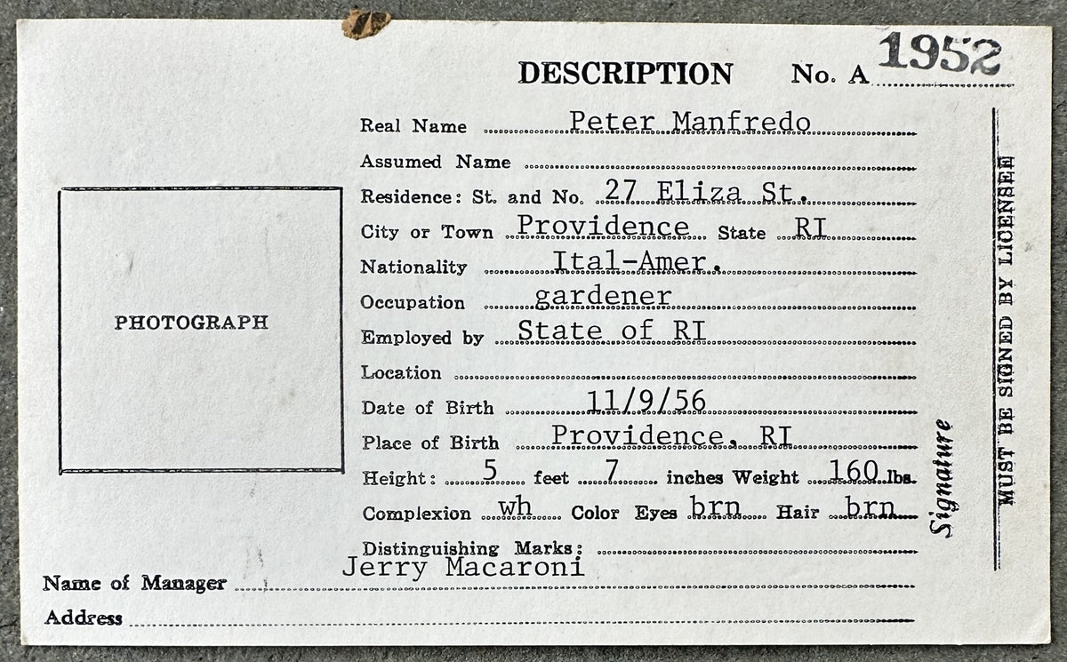 MANFREDO, JR., PETER BOXING LICENSE (1990) – JO Sports Inc.