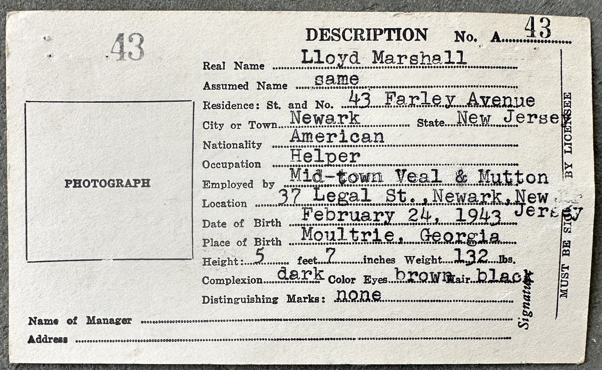 MARSHALL, LLOYD BOXING LICENSE (1962) – JO Sports Inc.