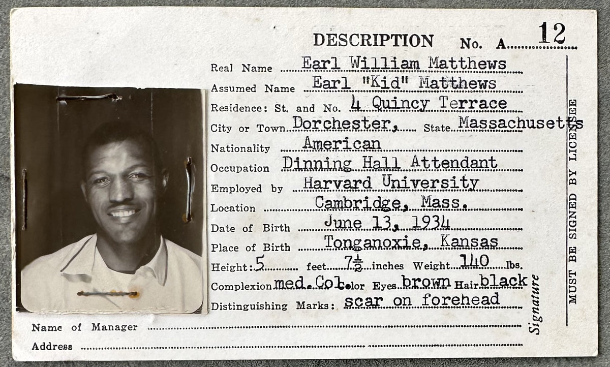 MATTHEWS, EARL "KID" BOXING LICENSE (1961) – JO Sports Inc.