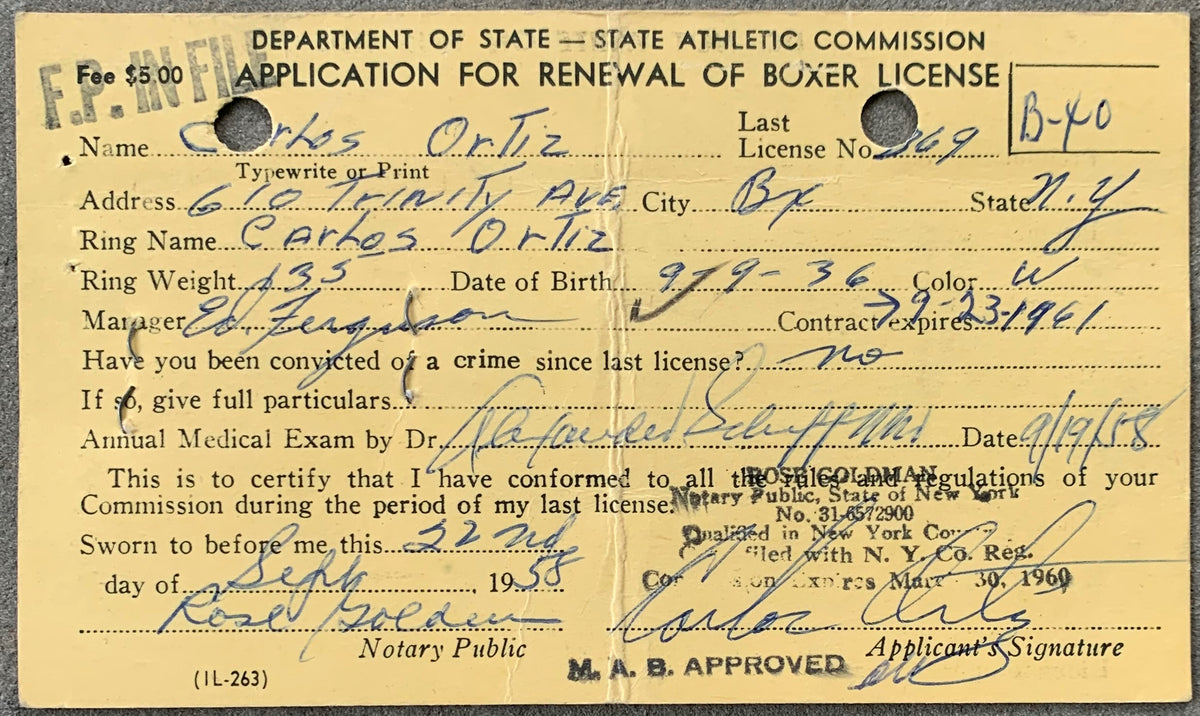 ORTIZ, CARLOS SIGNED BOXING LICENSE (1958) – JO Sports Inc.
