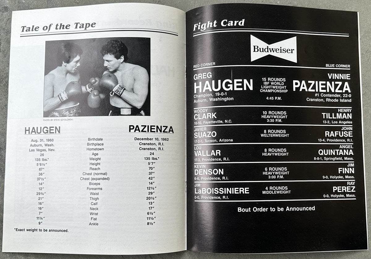 PAZIENZA, VINNY-GREG HAUGEN OFFICIAL PROGRAM (1987-PAZ WINS TITLE) – JO ...