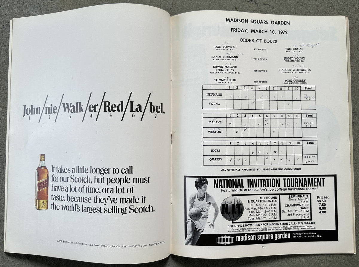 QUARRY, MIKE-TOMMY HICKS OFFICIAL PROGRAM (1972) – JO Sports Inc.