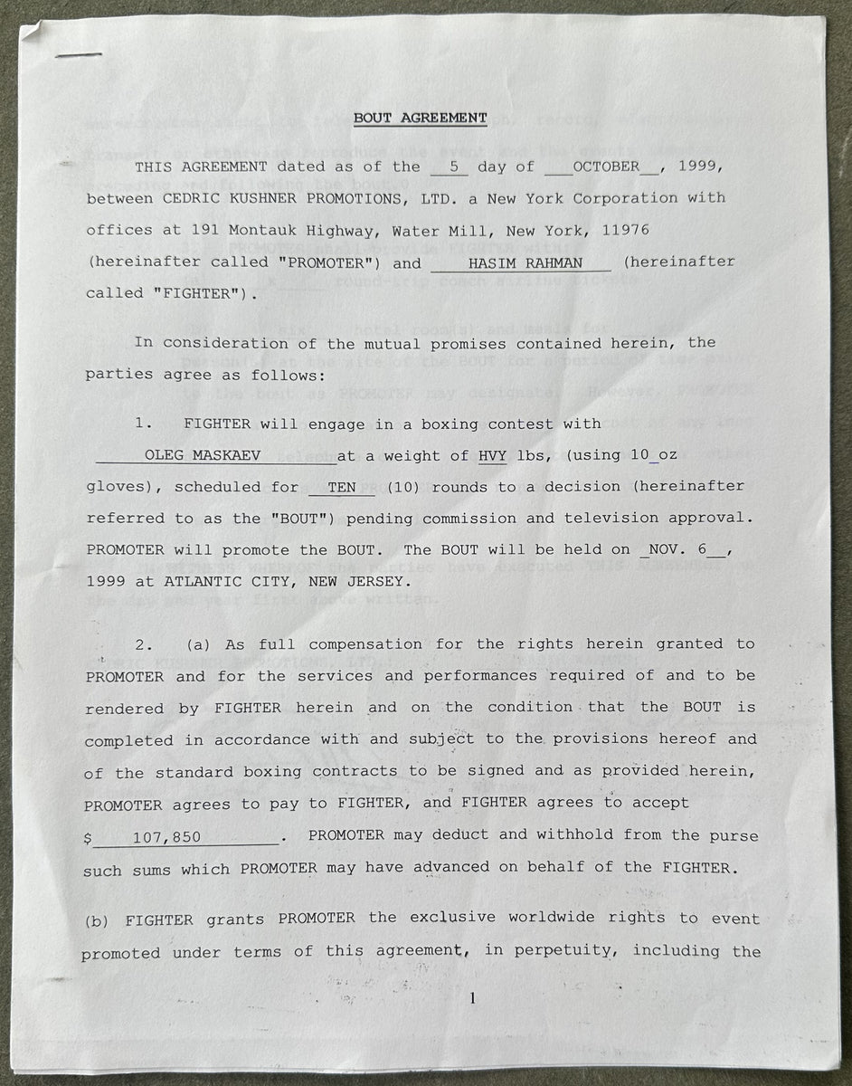 RAHMAN, HASIM & CEDRIC KUSHNER SIGNED FIGHT CONTRACT (1999-OLEG MASKAE ...