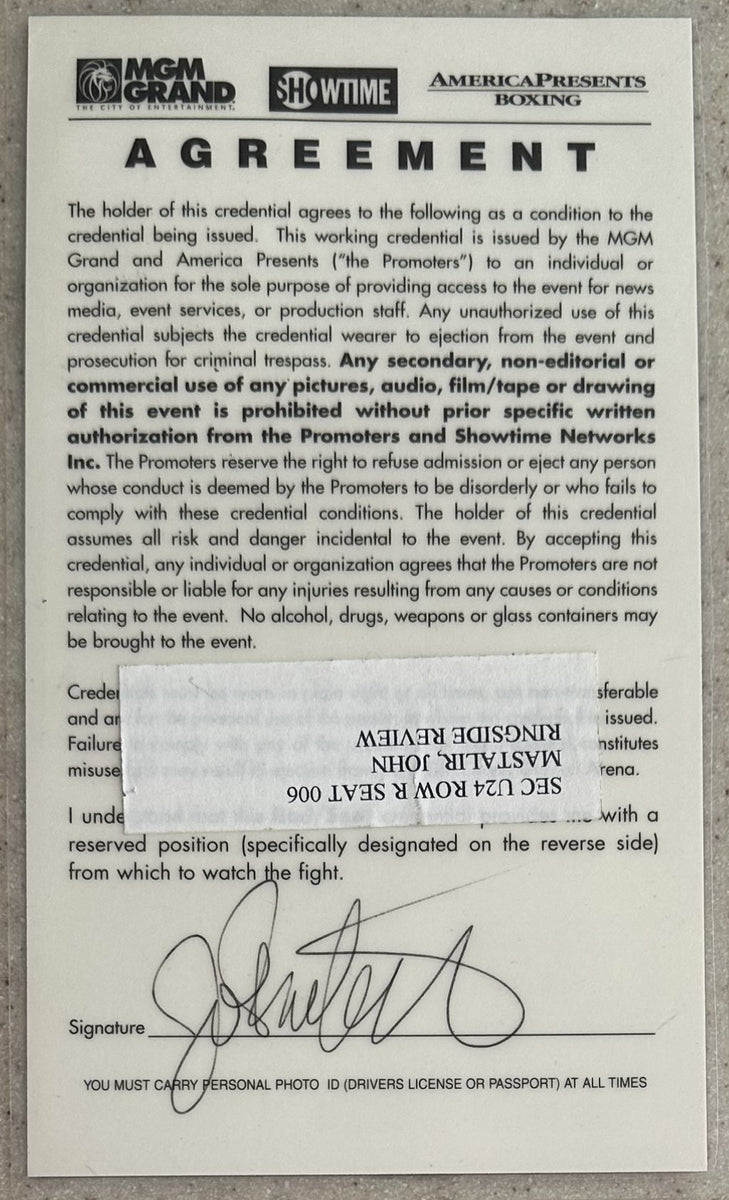 TYSON, MIKE-ORLIN NORRIS PRESS CREDENTIAL (1999) – JO Sports Inc.