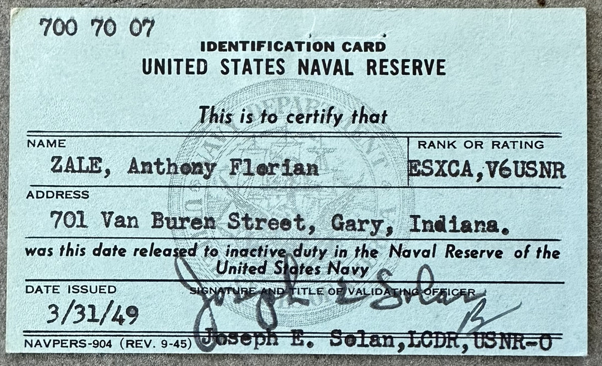ZALE, TONY UNITED STATES NAVAL RESERVE I.D. CARD (1949) – JO Sports Inc.