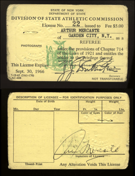 MERCANTE, ARTHUR SIGNED BOXING REFEREE LICENSE (1965-66) – JO Sports Inc.