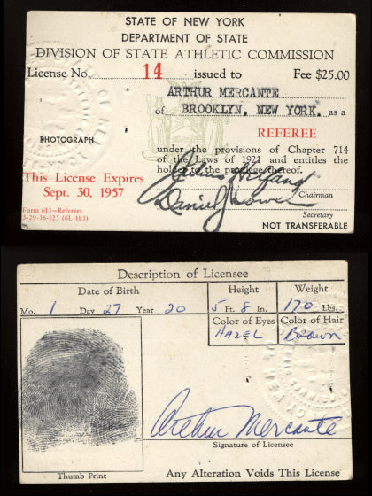 MERCANTE, ARTHUR SIGNED BOXING REFEREE LICENSE (1956-57) – JO Sports Inc.