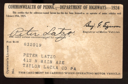 LATZO, PETE SIGNED DRIVERS LICENSE (1924) – JO Sports Inc.