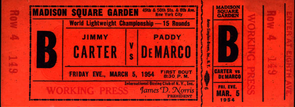 CARTER, JIMMY-PADDY DEMARCO FULL TICKET (1954) – JO Sports Inc.