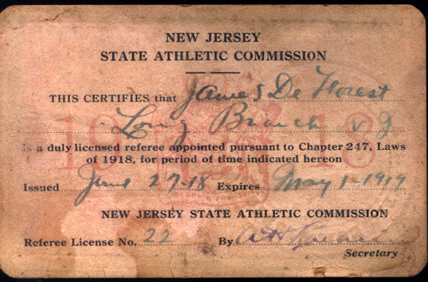 DEFOREST, JIMMY BOXING LICENSE (1918-1919) – JO Sports Inc.