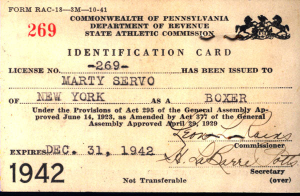 SERVO, MARTY BOXING LICENSE (1942) – JO Sports Inc.