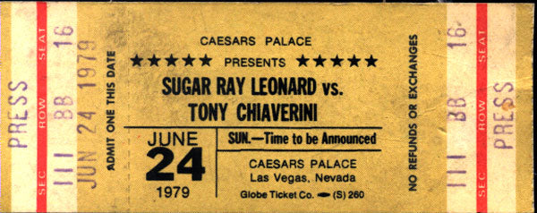 LEONARD, SUGAR RAY-TONY CHIAVERINI OFFICIAL STUBLESS TICKET (1979) – JO ...