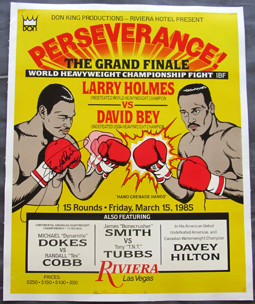 HOLMES, LARRY-DAVID BEY SIGNED ON SITE POSTER (1985) – JO Sports Inc.