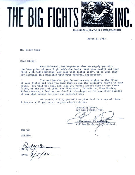 CONN, BILLY SIGNED LETTER AGREEMENT (1982) – JO Sports Inc.