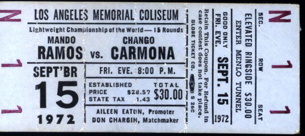RAMOS, MANDO-CHANGO CARMONA FULL TICKET (1972) – JO Sports Inc.
