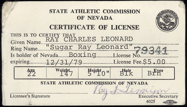LEONARD, SUGAR RAY BOXING LICENSE (1979-NEVADA) – JO Sports Inc.
