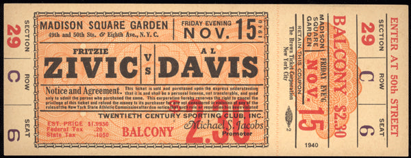 ZIVIC, FRITZIE-AL "BUMMY" DAVIS I FULL TICKET (1940) – JO Sports Inc.