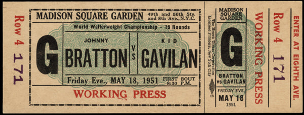GAVILAN, KID-JOHNNY BRATTON FULL TICKET (1951-GAVILAN WINS TITLE) – JO ...