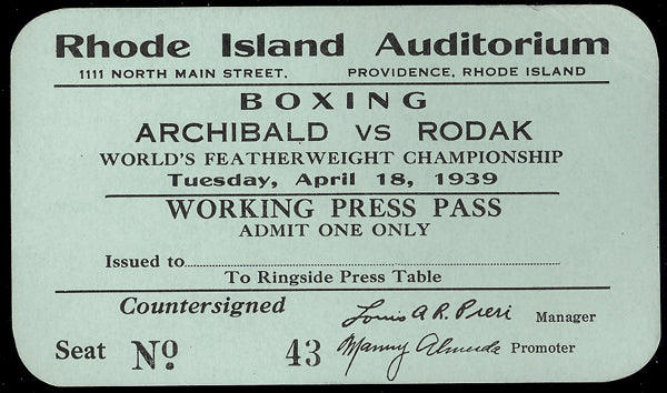 ARCHIBALD, JOEY-LEO RODAK WORKING PRESS PASS (1939) – JO Sports Inc.