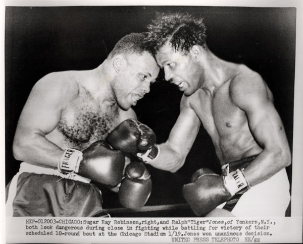 ROBINSON, SUGAR RAY-RALPH "TIGER" JONES WIRE PHOTO (1955) – JO Sports Inc.