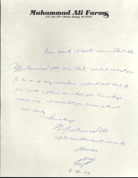 ALI, MUHAMMAD HAND WRITTEN LETTER (1989-RE: FAN CLUB) – JO Sports Inc.