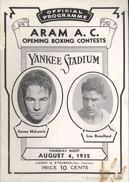 MCLARNIN, JIMMY-LOU BROUILLARD OFFICIAL PROGRAM (1932) – JO Sports Inc.