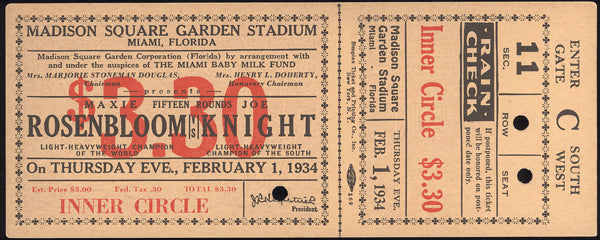 ROSENBLOOM, MAXIE-JOE KNIGHT FULL TICKET (1934) – JO Sports Inc.