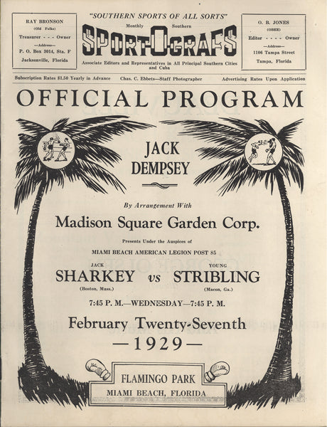 SHARKEY, JACK-YOUNG STRIBLING OFFICIAL PROGRAM (1929) – JO Sports Inc.