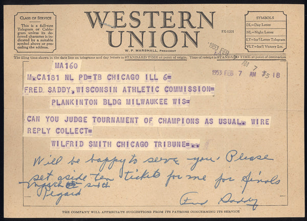 SADDY, FRED SIGNED TELEGRAM (1953) – JO Sports Inc.