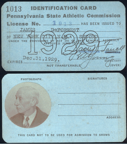 DEFOREST, JIMMY PENNSYLVANIA SECOND'S LICENSE (1929) – JO Sports Inc.