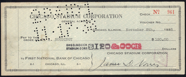 NORRIS, JAMES D. SIGNED BUSINESS CHECK (1938) – JO Sports Inc.