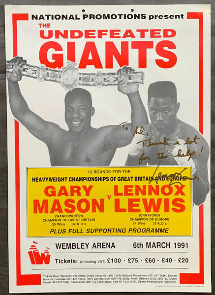 LEWIS, LENNOX-GARY MASON SIGNED ON SITE POSTER (1991SIGNED BY LENNOX L ...