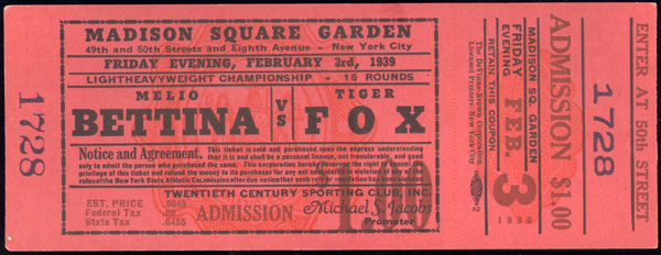 BETTINA, MELIO-TIGER FOX OFFICIAL FULL TICKET (1939) – JO Sports Inc.