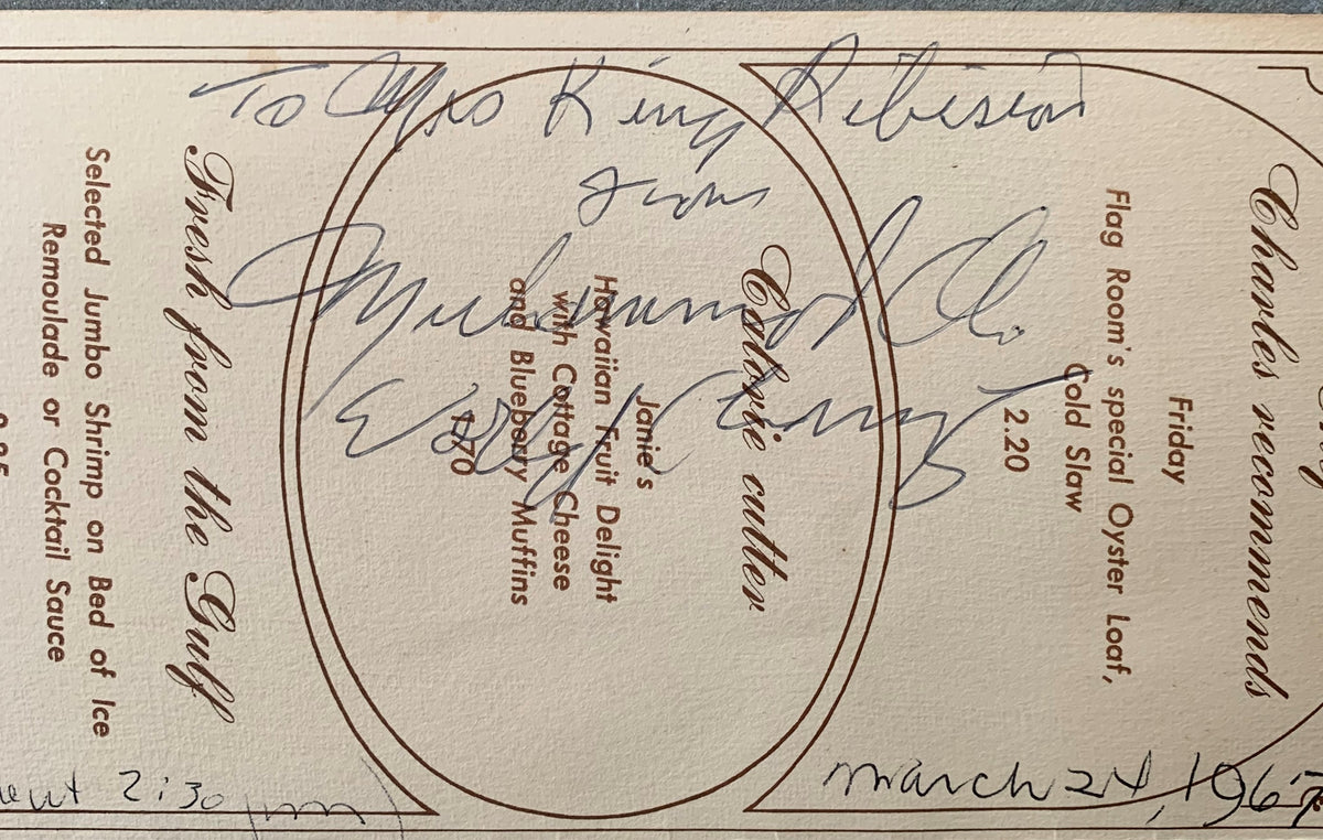 ALI, MUHAMMAD VINTAGE SIGNED RESTAURANT MENU (1967-AS HEAVYWEIGHT CHAM ...