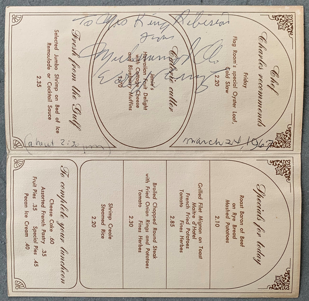 ALI, MUHAMMAD VINTAGE SIGNED RESTAURANT MENU (1967-AS HEAVYWEIGHT CHAM ...